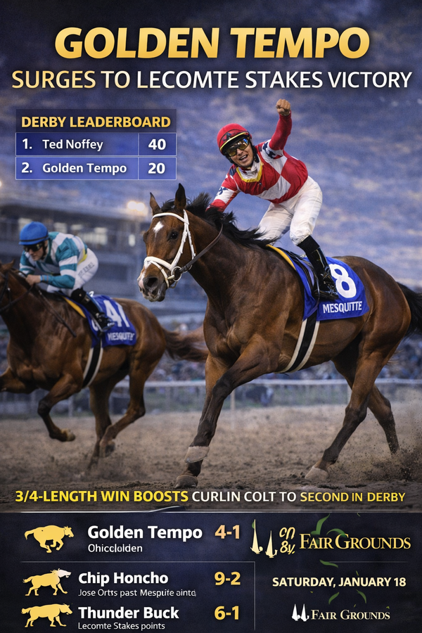 [말산업Ai 세계경마소식]'Golden Tempo', 막판 대역전으로 Lecomte Stakes 제패… Derby 리더보드 2위 도약